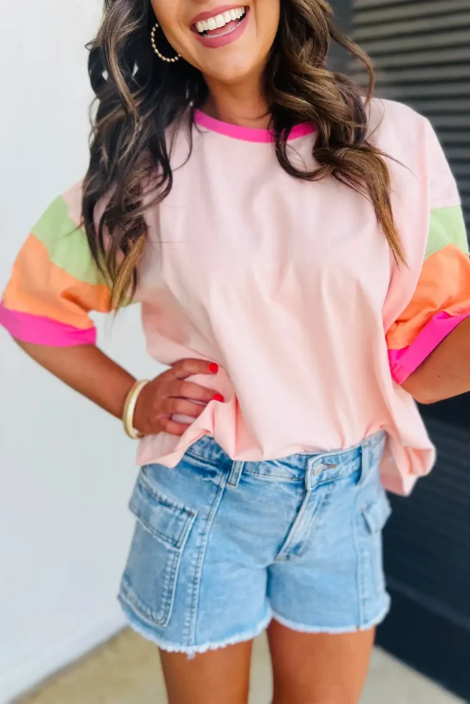 Trendy Pink Color Block Oversize Casual Top for Effortless Summer Daily ...