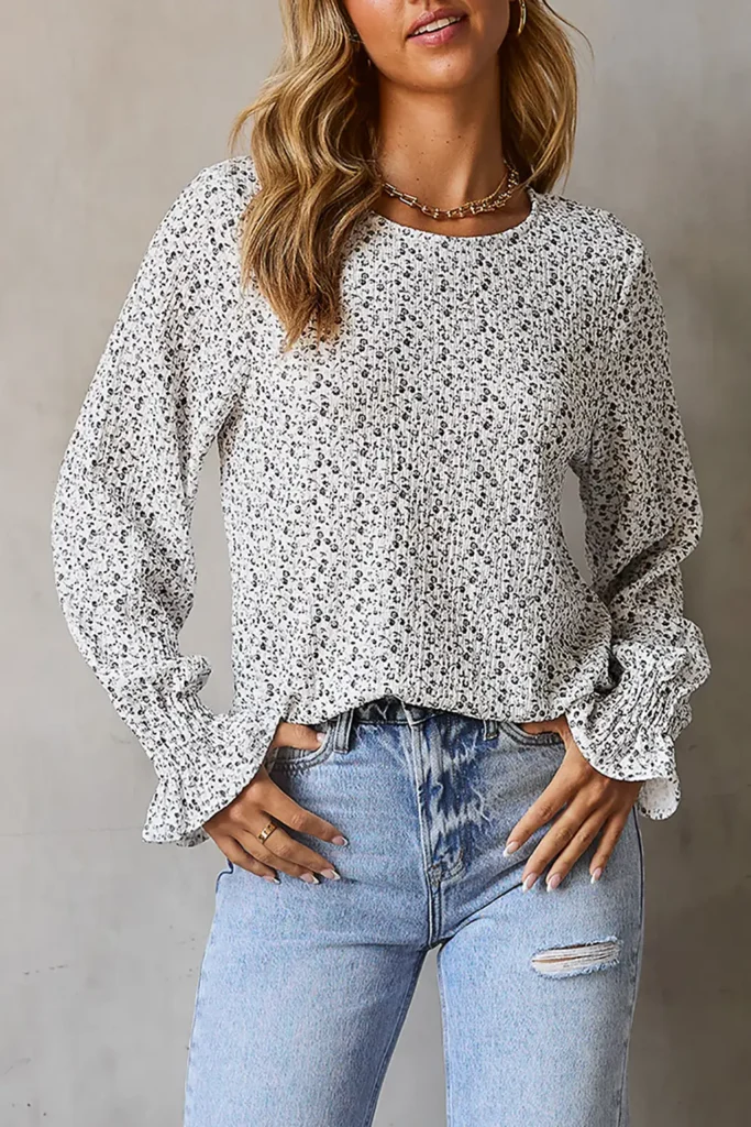Floral Ruffled Bubble Sleeve Blouse in Crinkle Fabric for a Playful ...