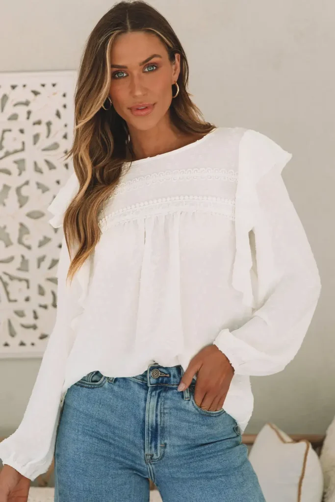 Elegant White Lace Blouse with Ruffle Details Perfect for Fall and ...