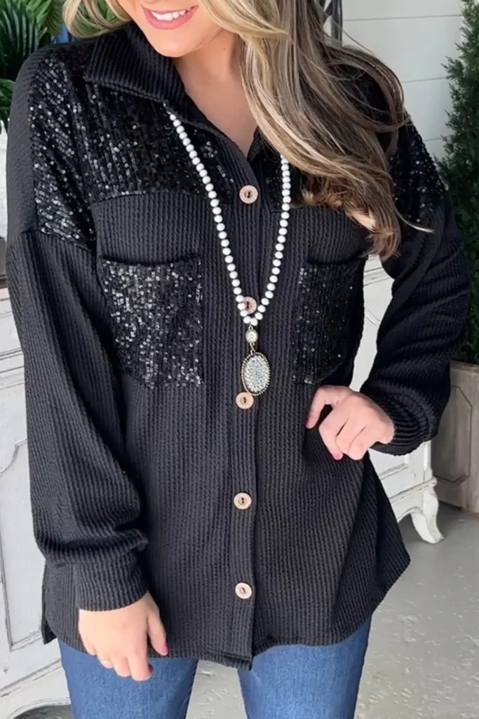 Chic Black Sequin Corded Shacket for Winter Western Style and Festive ...
