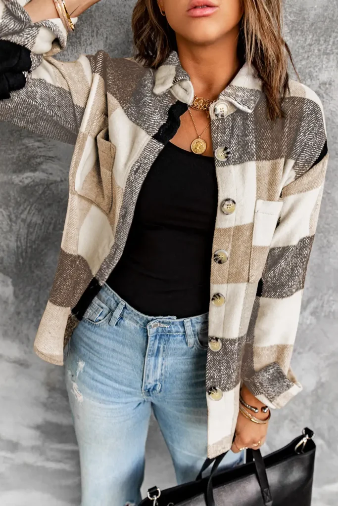 Chic Color Block Khaki Plaid Jacket for Effortless Winter Casual Style ...